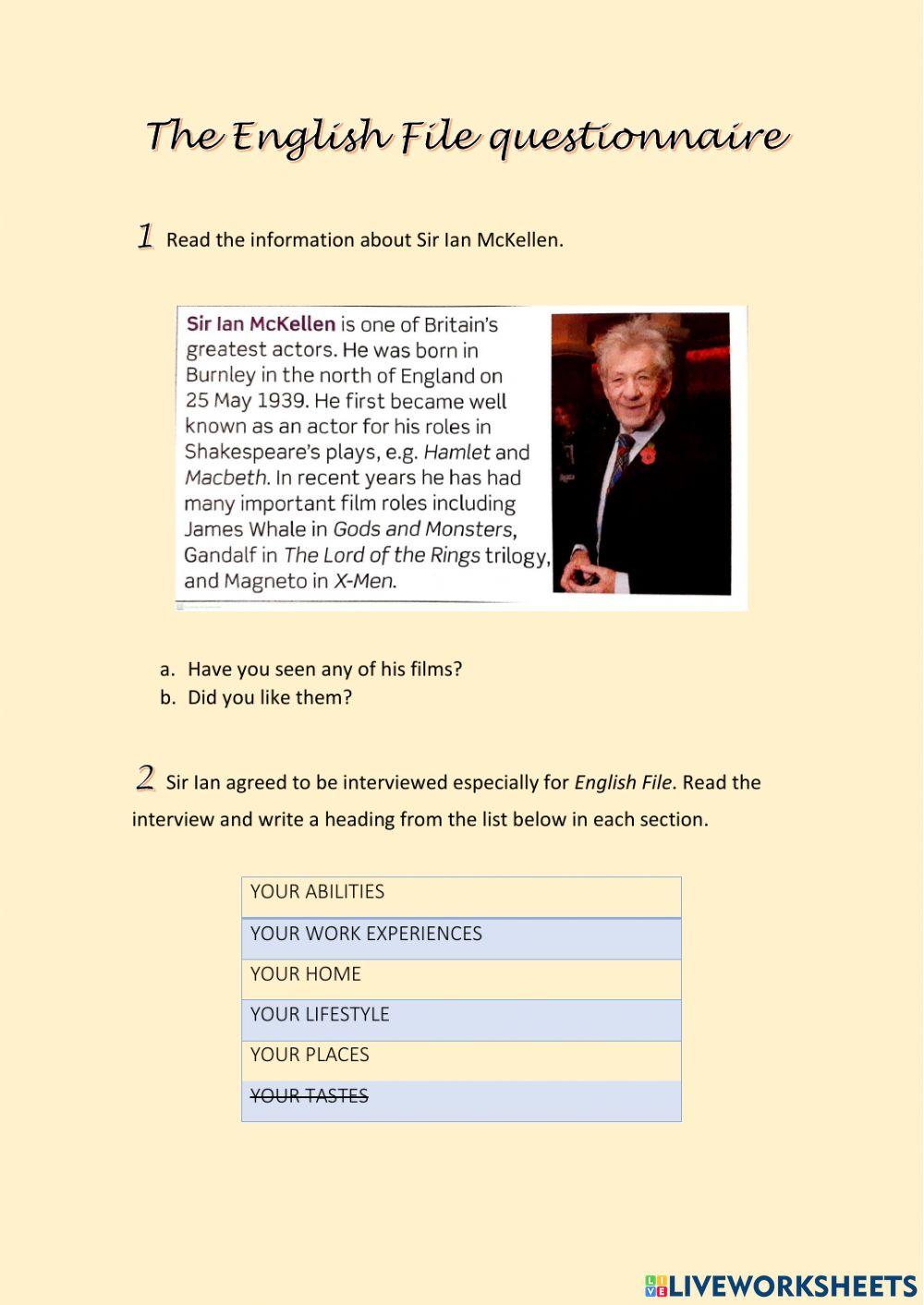 Interview interactive exercise for intermediate | Live Worksheets