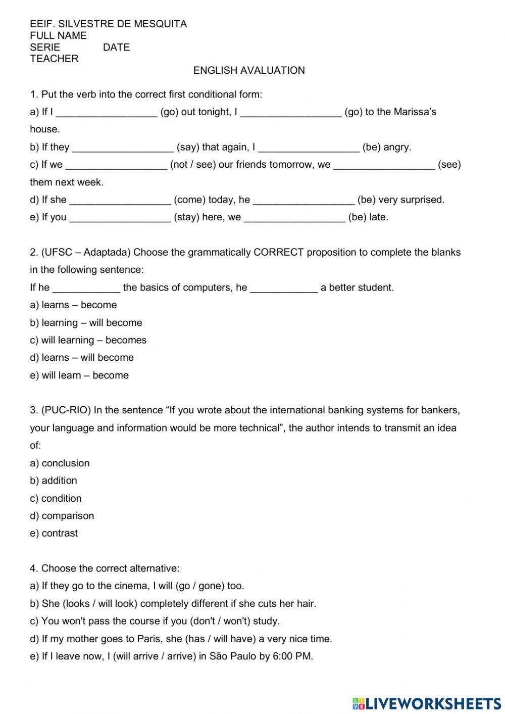 1ª conditional worksheet | Live Worksheets