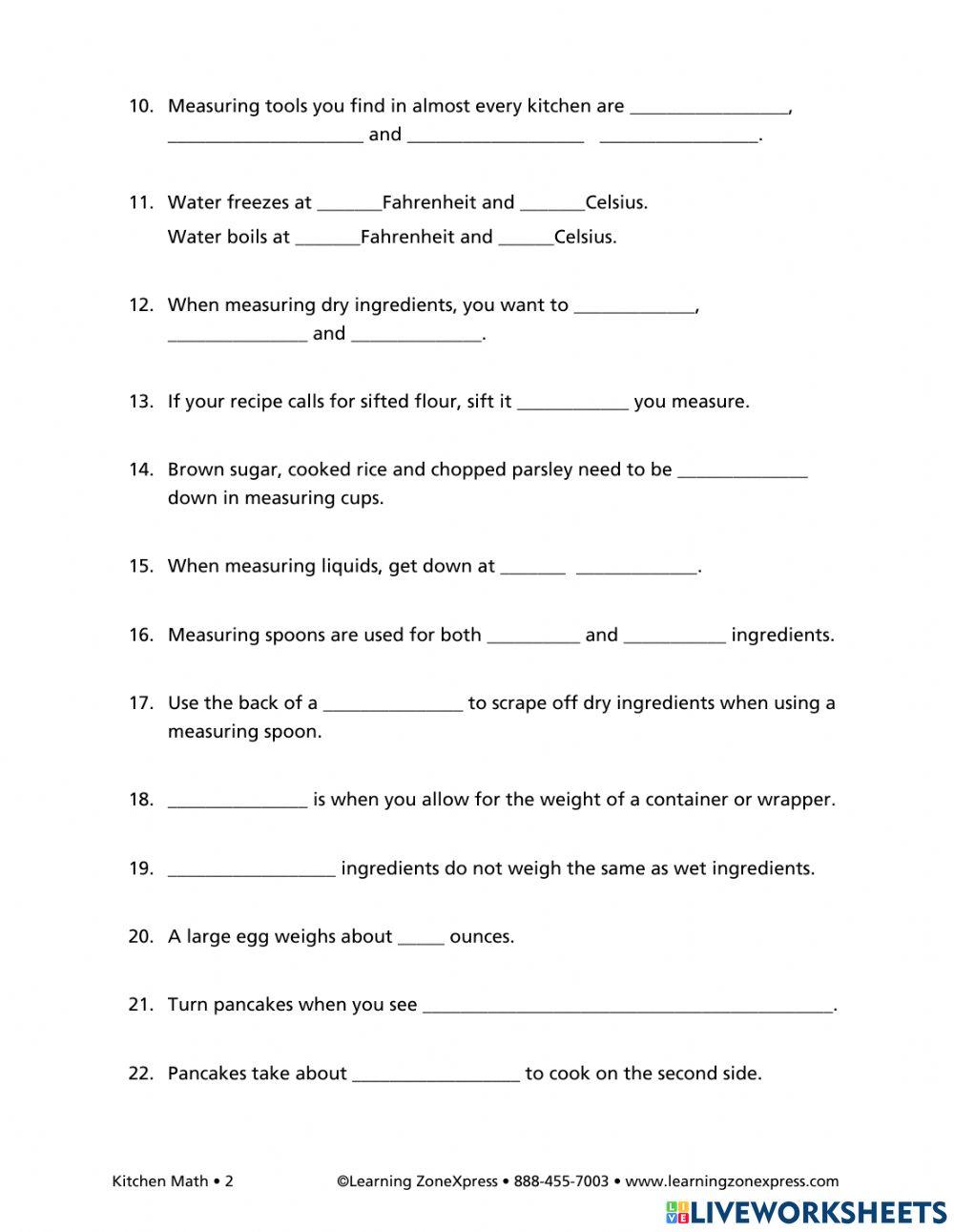 Kitchen Math: Measuring online exercise for | Live Worksheets