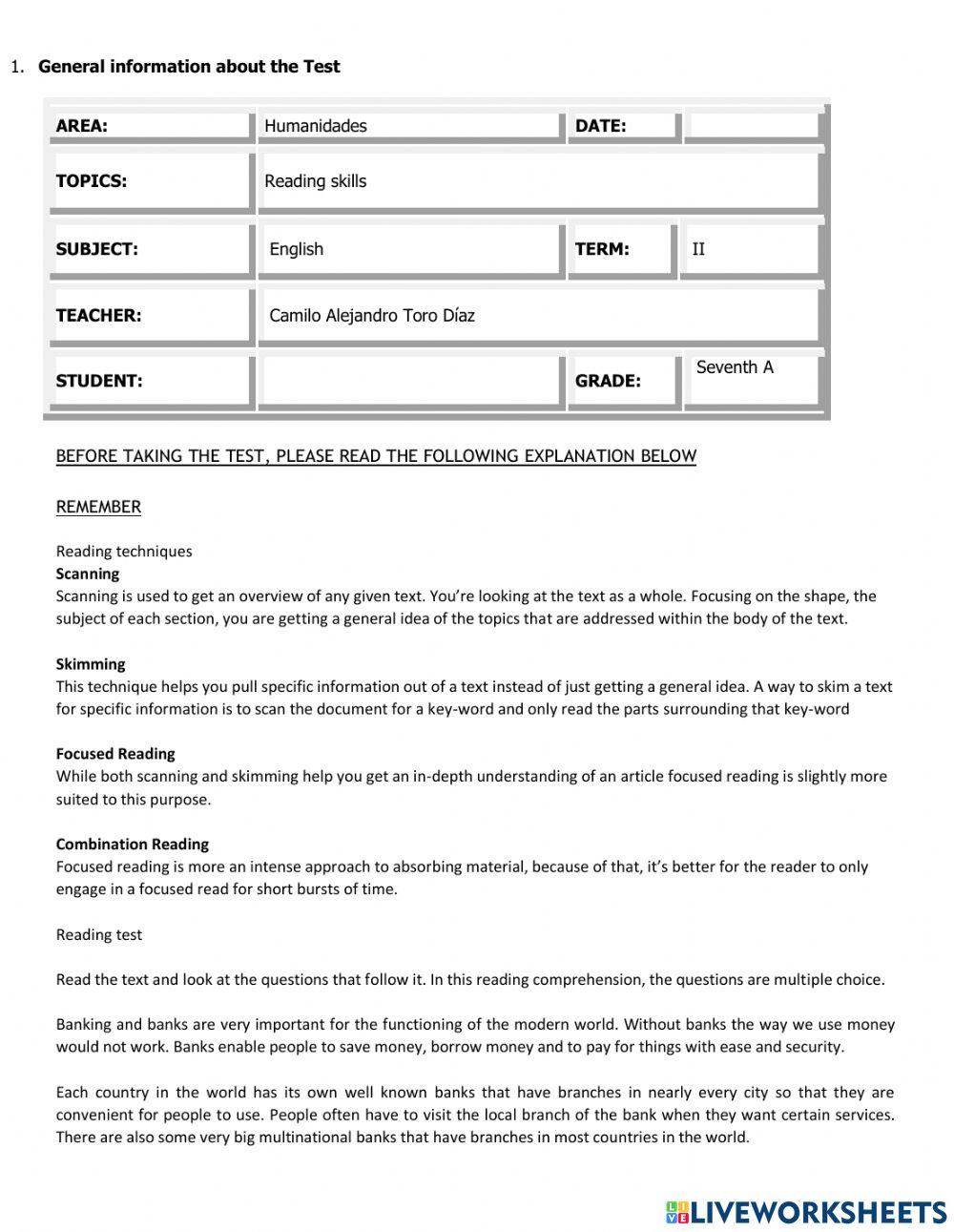 Reading test 961122 | camilotoro | Live Worksheets