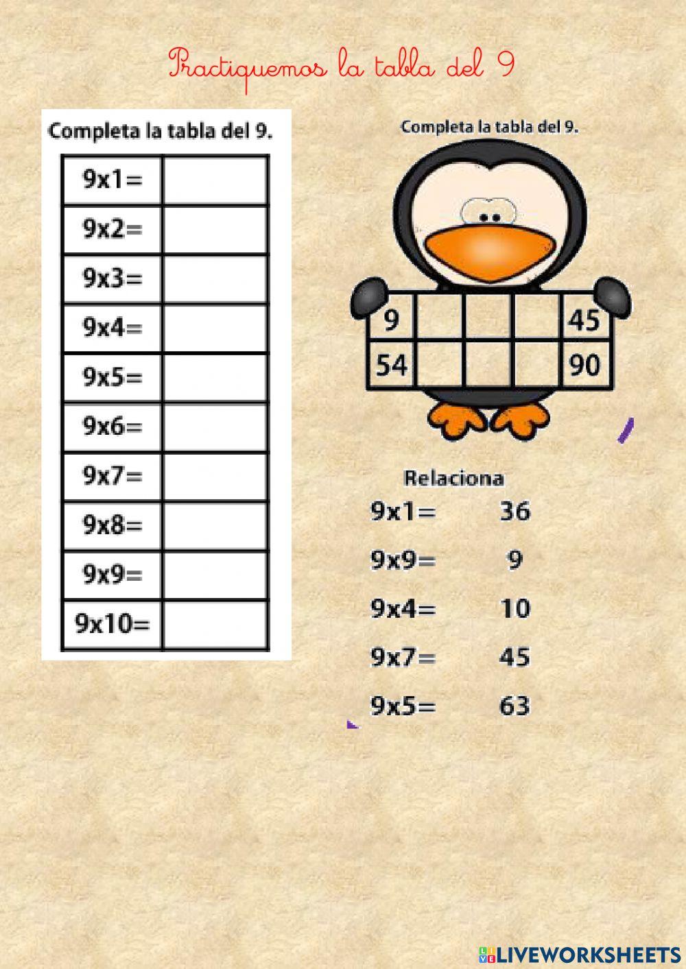 Tabla de 9 worksheet | Live Worksheets