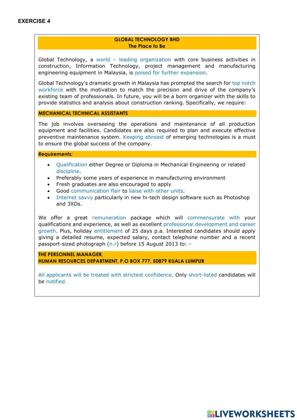 Job Advertisements worksheet | Live Worksheets