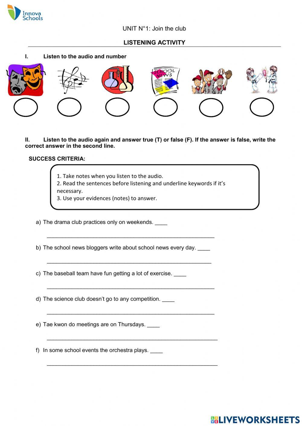 Listening worksheet online pdf worksheet | Live Worksheets