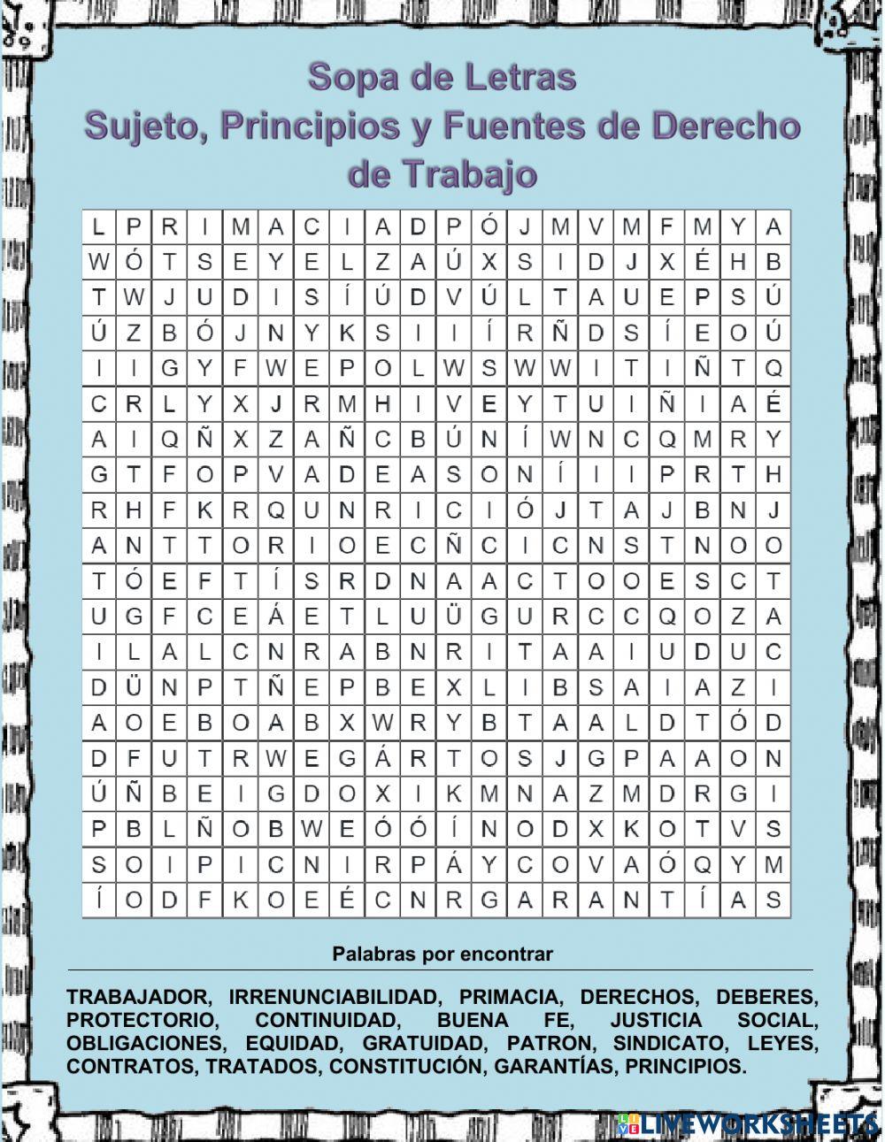 Sopa de Letras Sujeto-Objeto-Principios. worksheet | Live Worksheets
