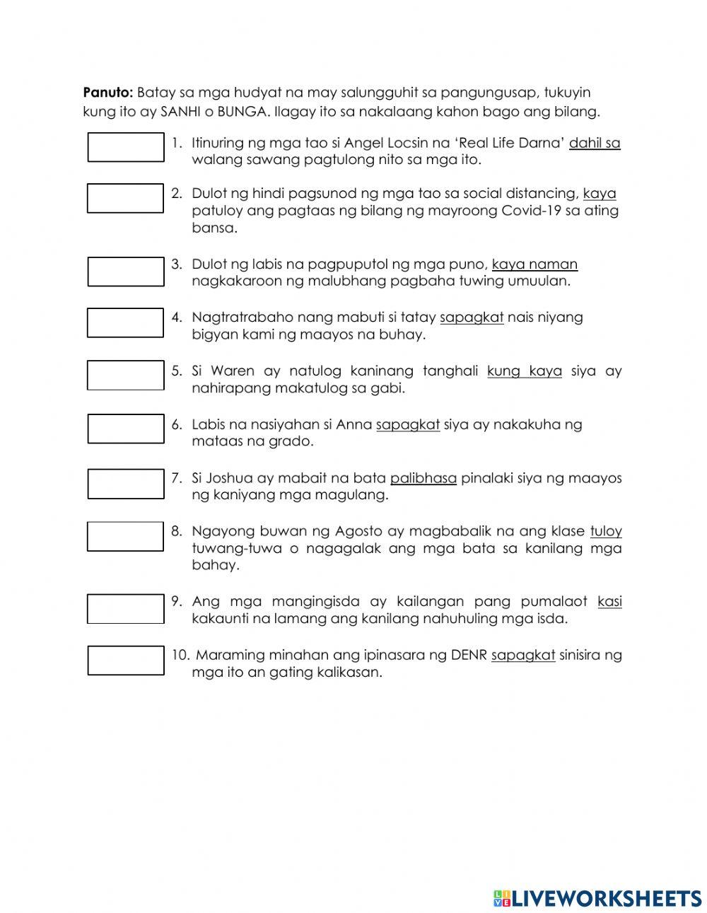 Sanhi At Bunga Worksheets Samut Samot Bungapino