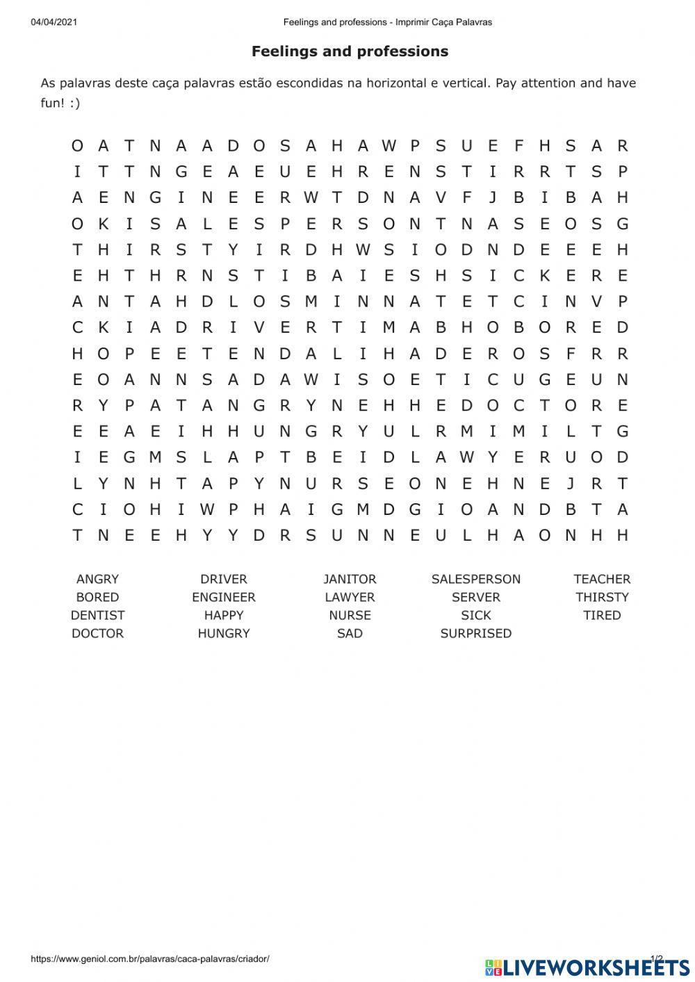 Feelings and professions worksheet | Live Worksheets