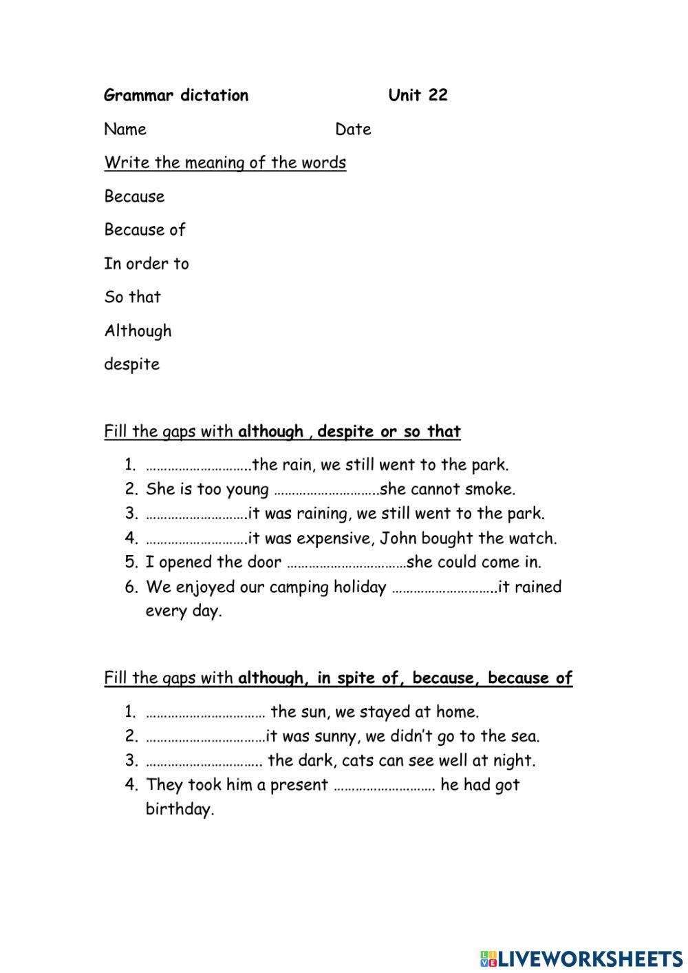 Pdf online exercise: Grammar dictation | Live Worksheets