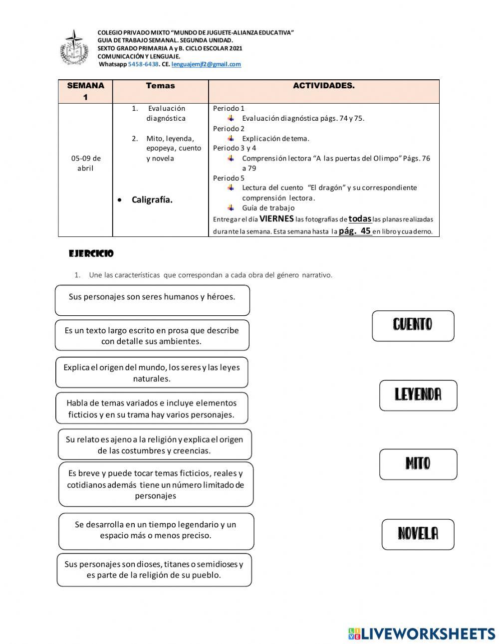 mito, cuento, novela y leyenda online exercise for | Live Worksheets