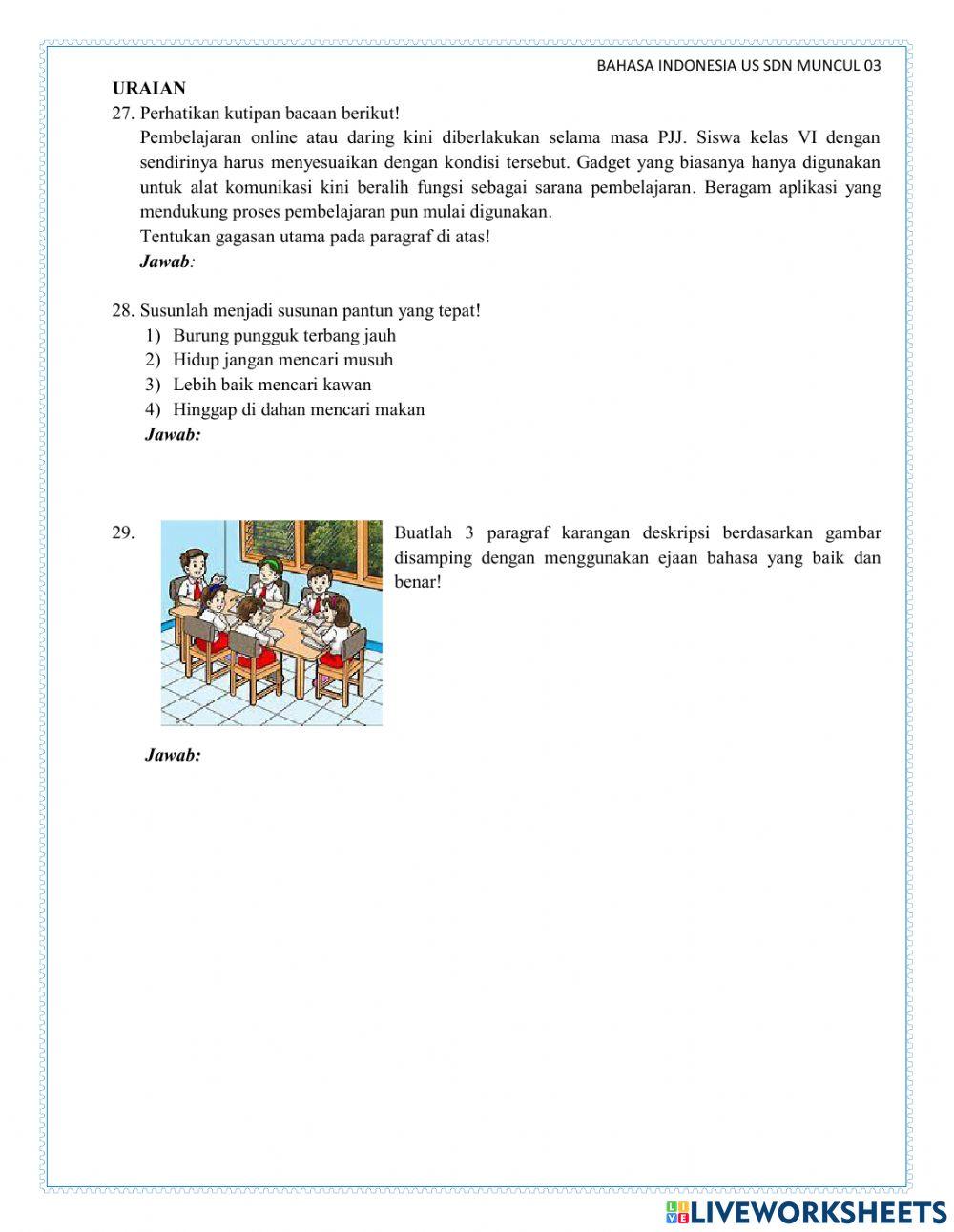 Bahasa indonesia online exercise for 6 | Live Worksheets