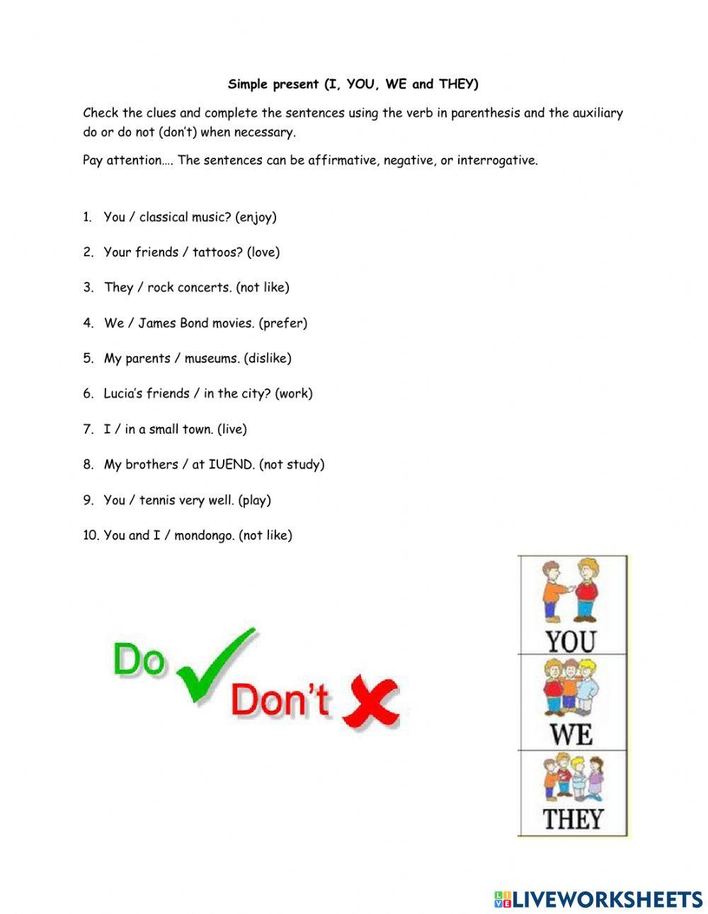 Simple present: I, YOU, We and THEY online exercise for | Live Worksheets