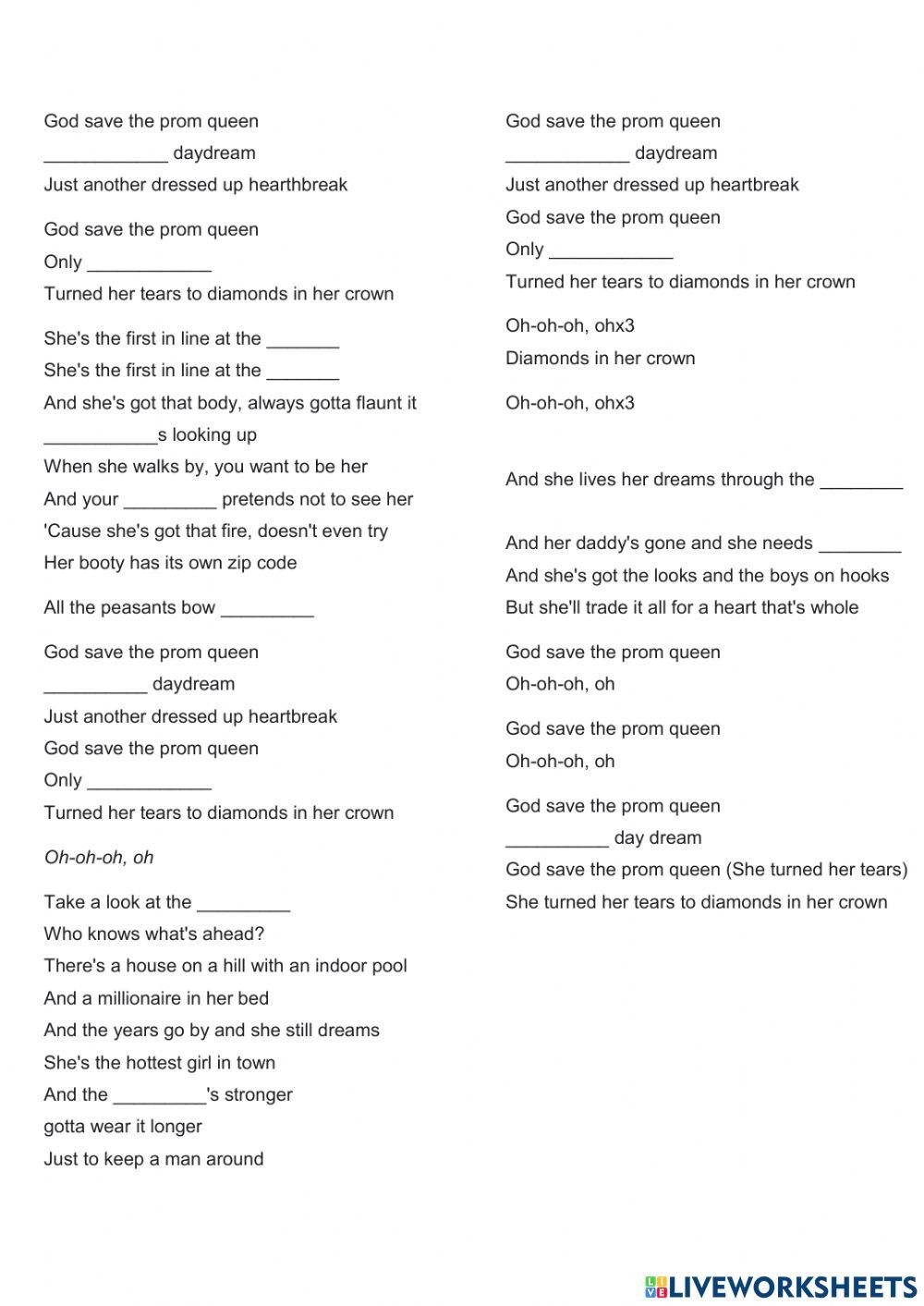 Prom queen by mkk worksheet | Live Worksheets