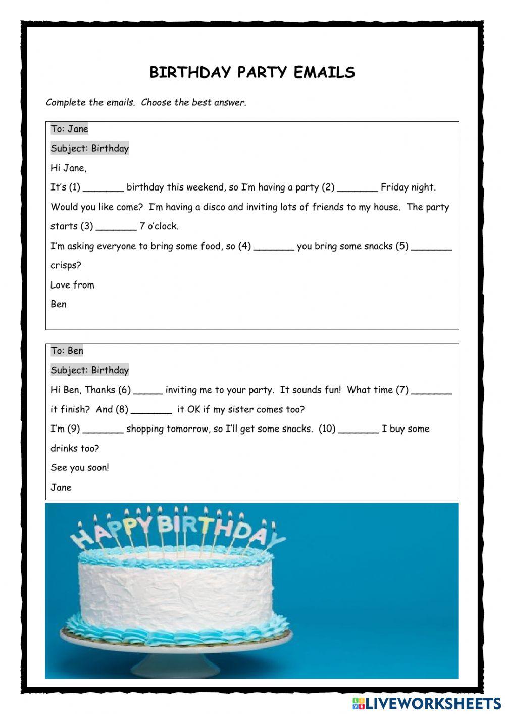 Birthday Party Emails Cloze 6518597 | estherlee76