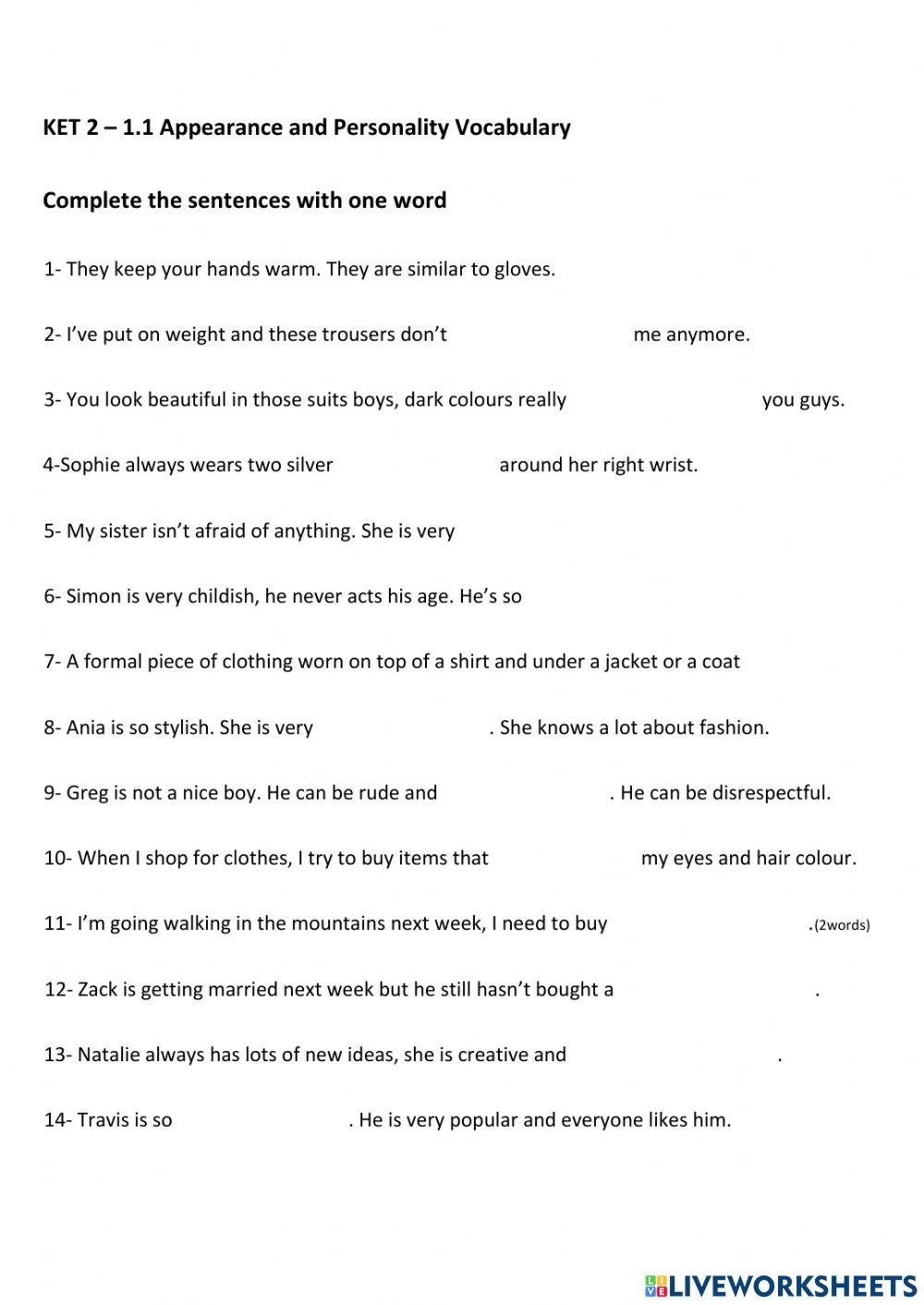 Ket 2 - 1.1 - vocabulary worksheet | Live Worksheets