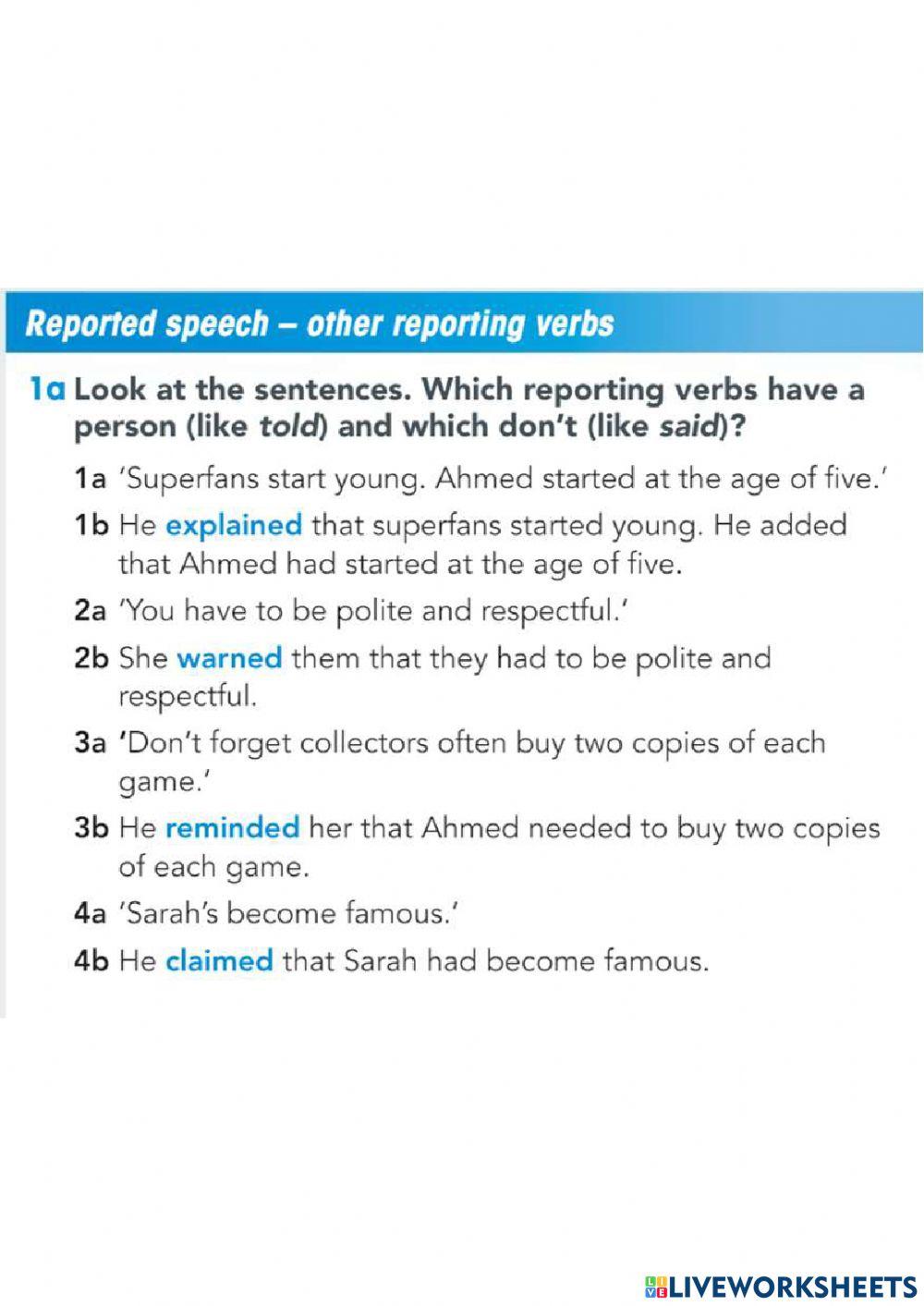 Reported Speech. Grade 10 online exercise for | Live Worksheets