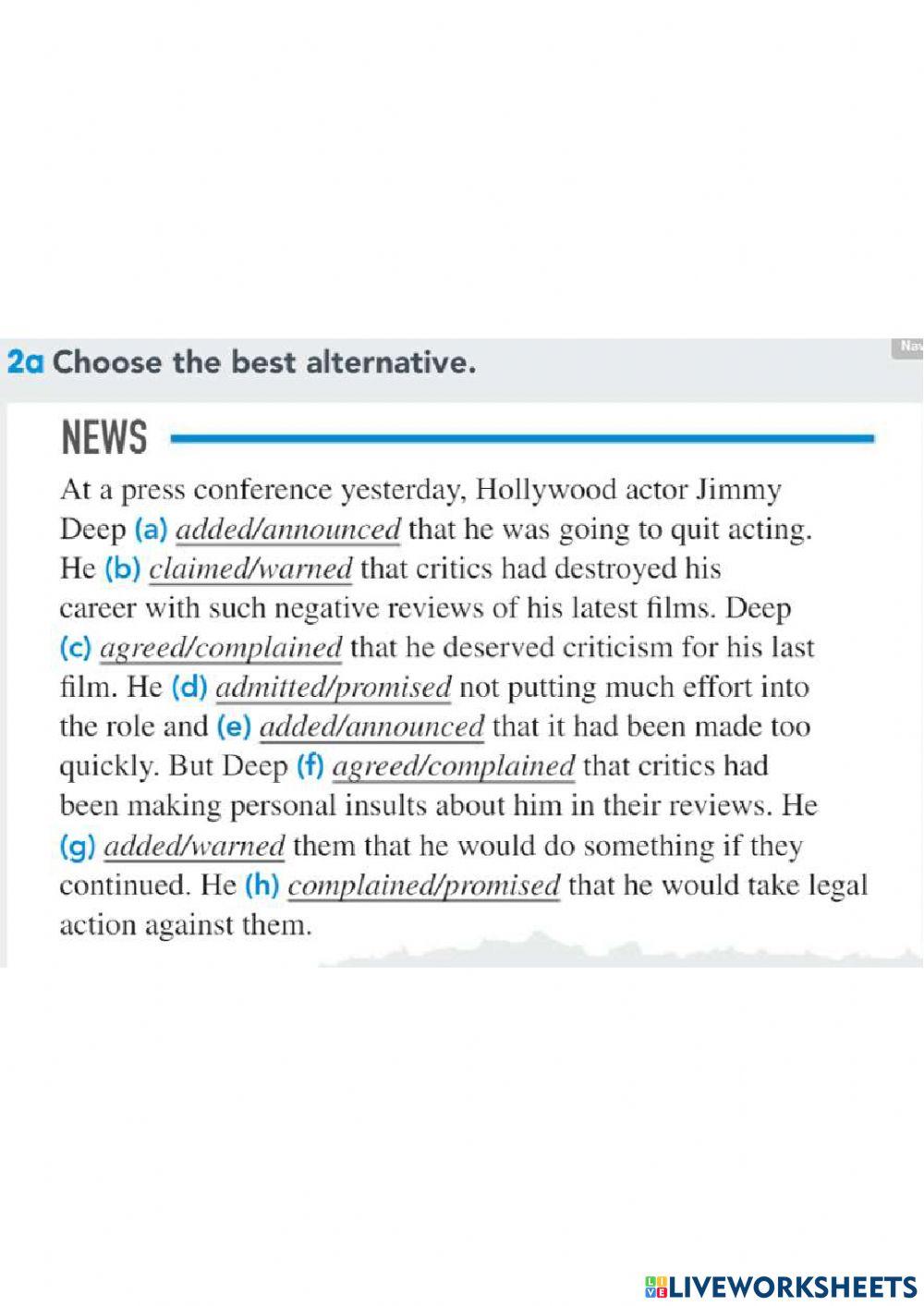 Reported Speech. Grade 10 online exercise for | Live Worksheets