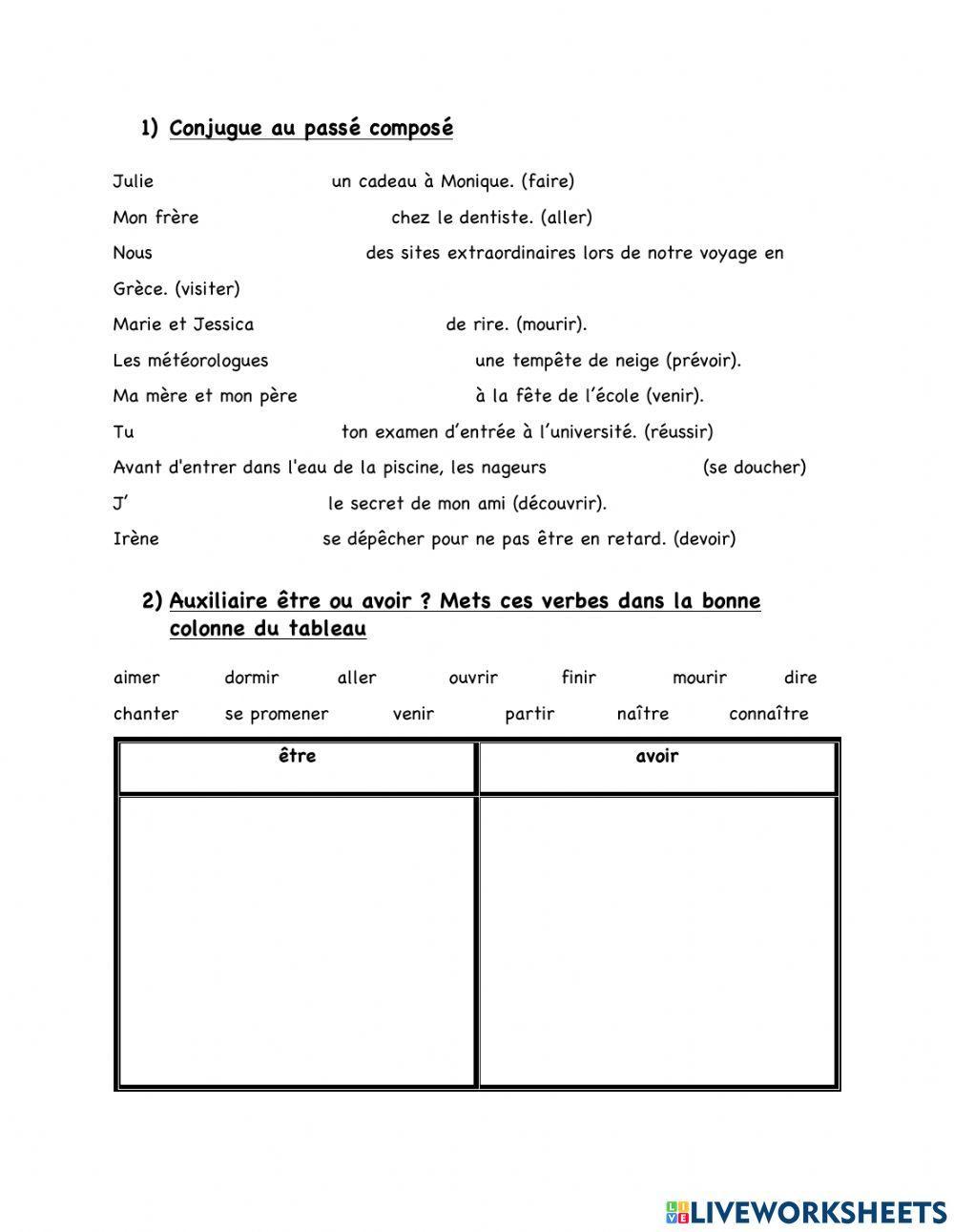 Le Passé Composé online pdf worksheet | Live Worksheets