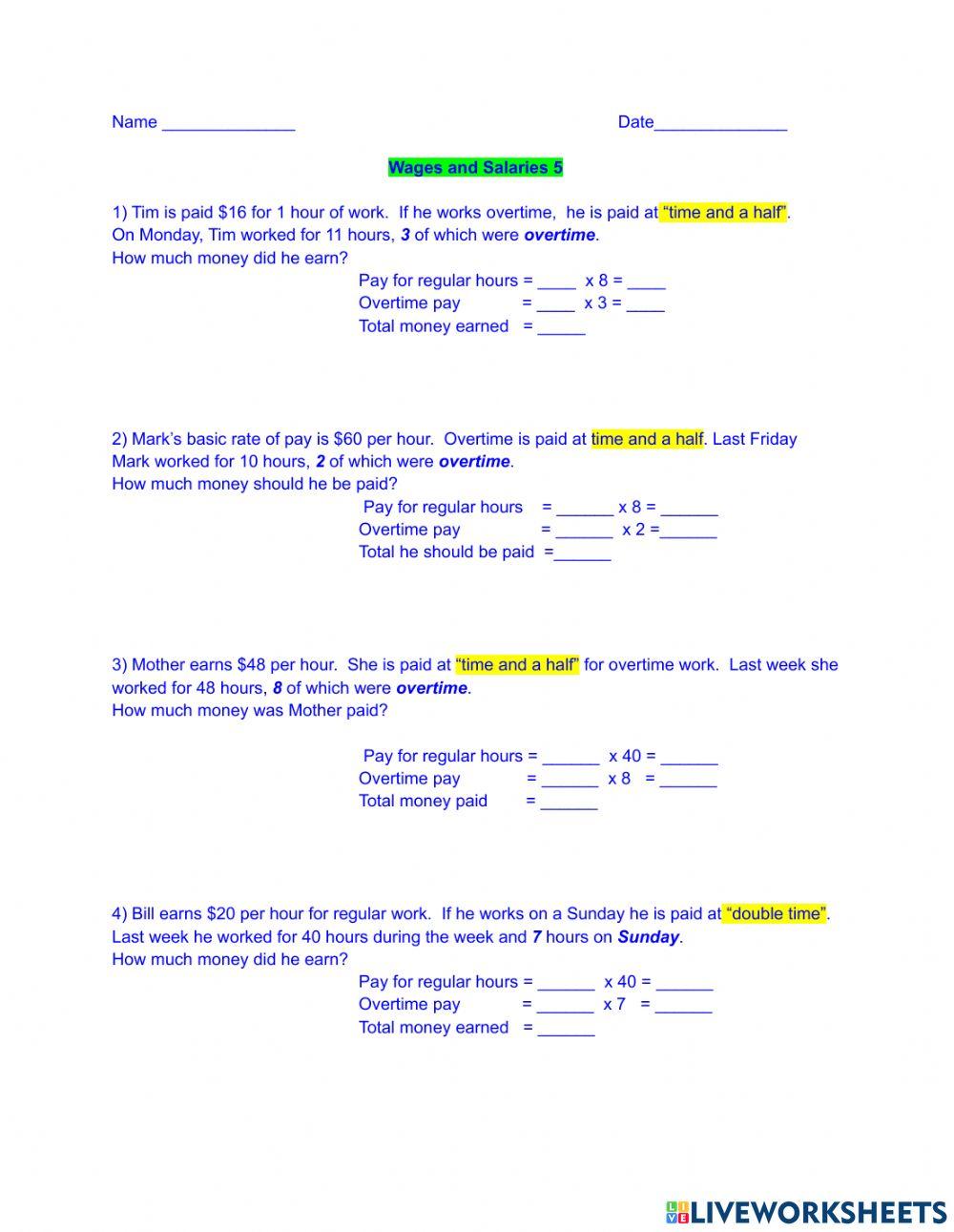 Wages and Salar… | Free Interactive Worksheets | 883298