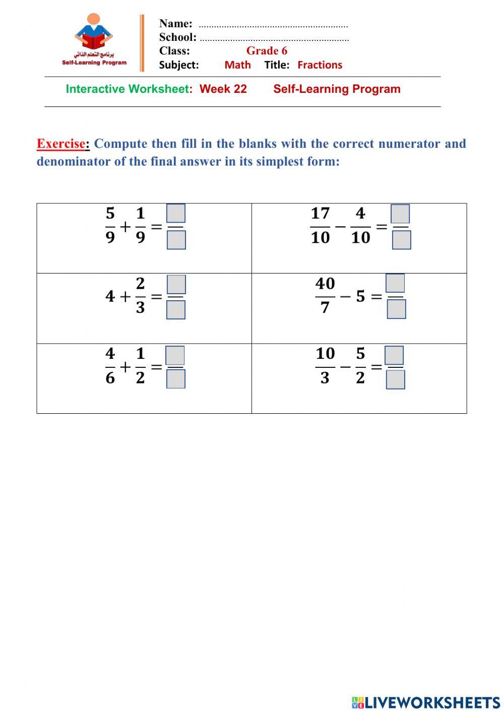 W22 Gr6-Math-Int. WS worksheet | Live Worksheets
