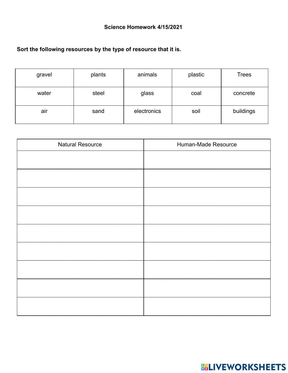 Science Homework 4.8 Resources 4-15-2021 worksheet | Live Worksheets
