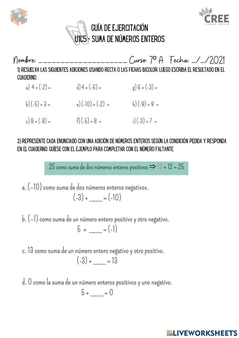 Suma enteros worksheet | Live Worksheets