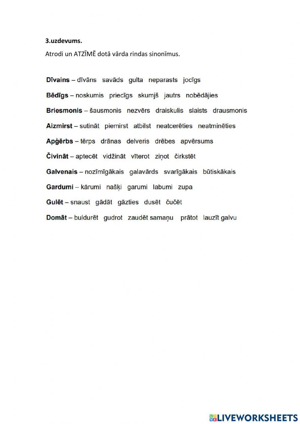 Sinonīmi un antonīmi online exercise for | Live Worksheets