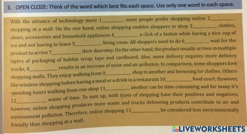 Open cloze - shopping and services online exercise for | Live Worksheets