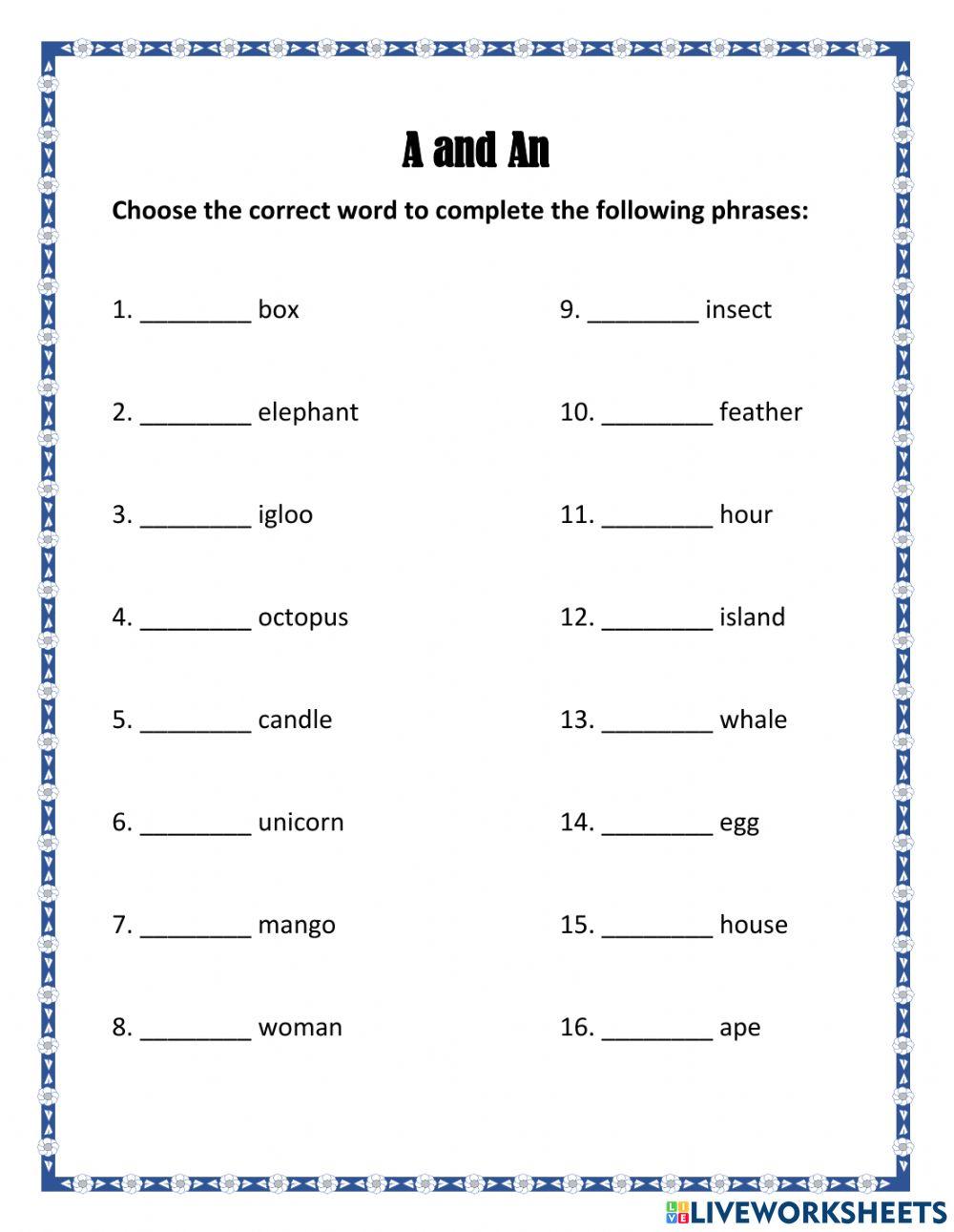 886694 | A and An | chictrini | LiveWorksheets