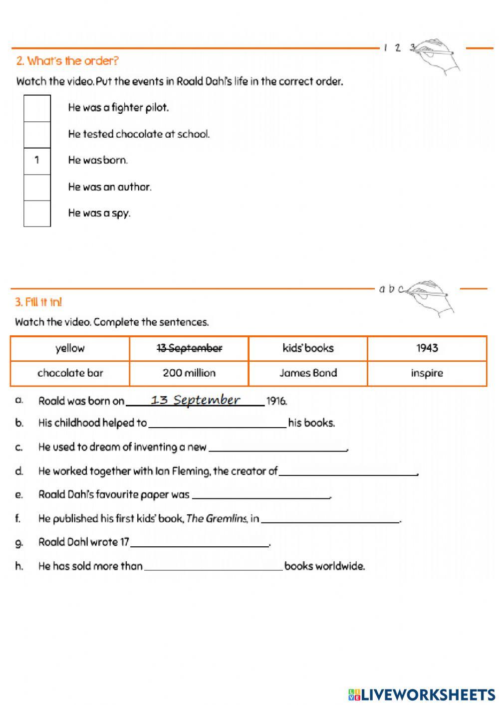 Roald dahl online worksheet | Live Worksheets