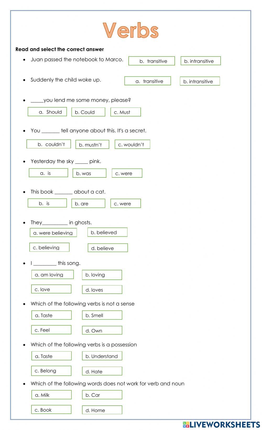 Verbs online exercise for V | Live Worksheets