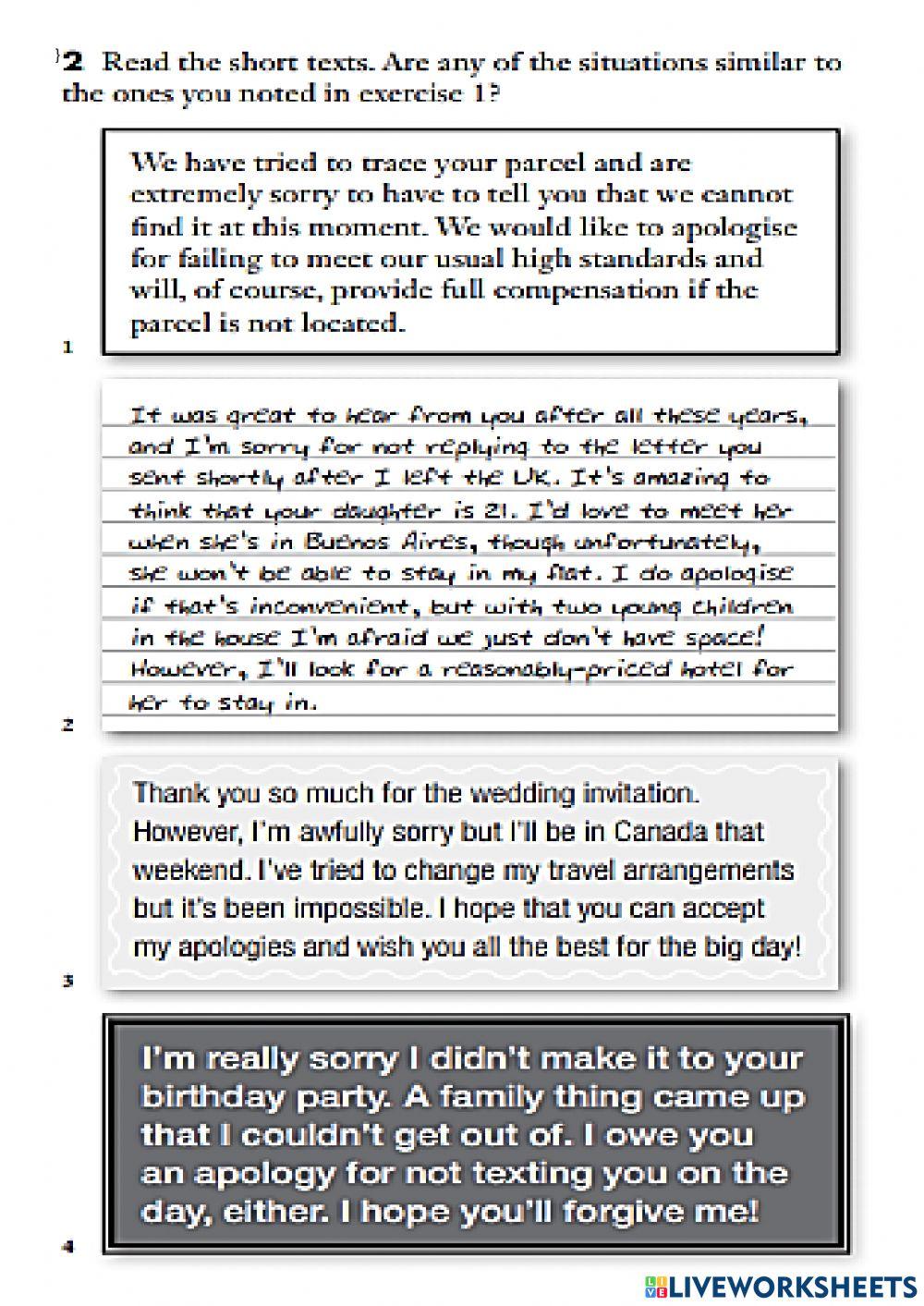Saying sorry letter worksheet | Live Worksheets