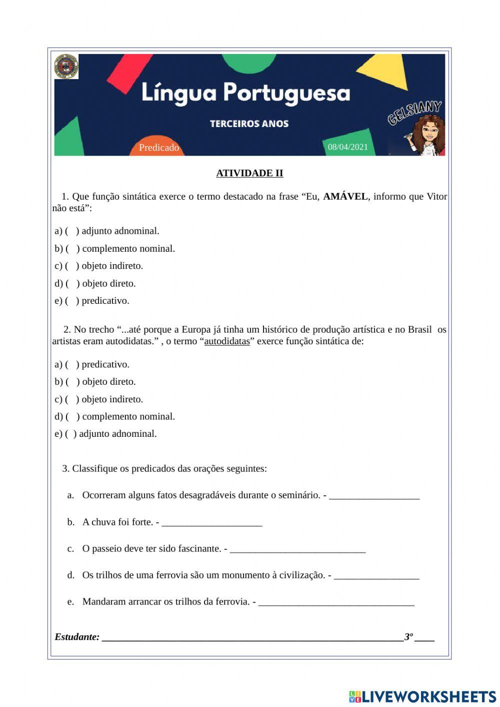 Sintaxe do período simples interactive worksheet | Live Worksheets