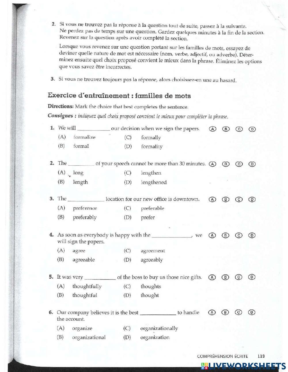 TOEIC Grammar Basic Lessons and Practice Familles de Mots, Mots proches, Pronoms online exercise ...