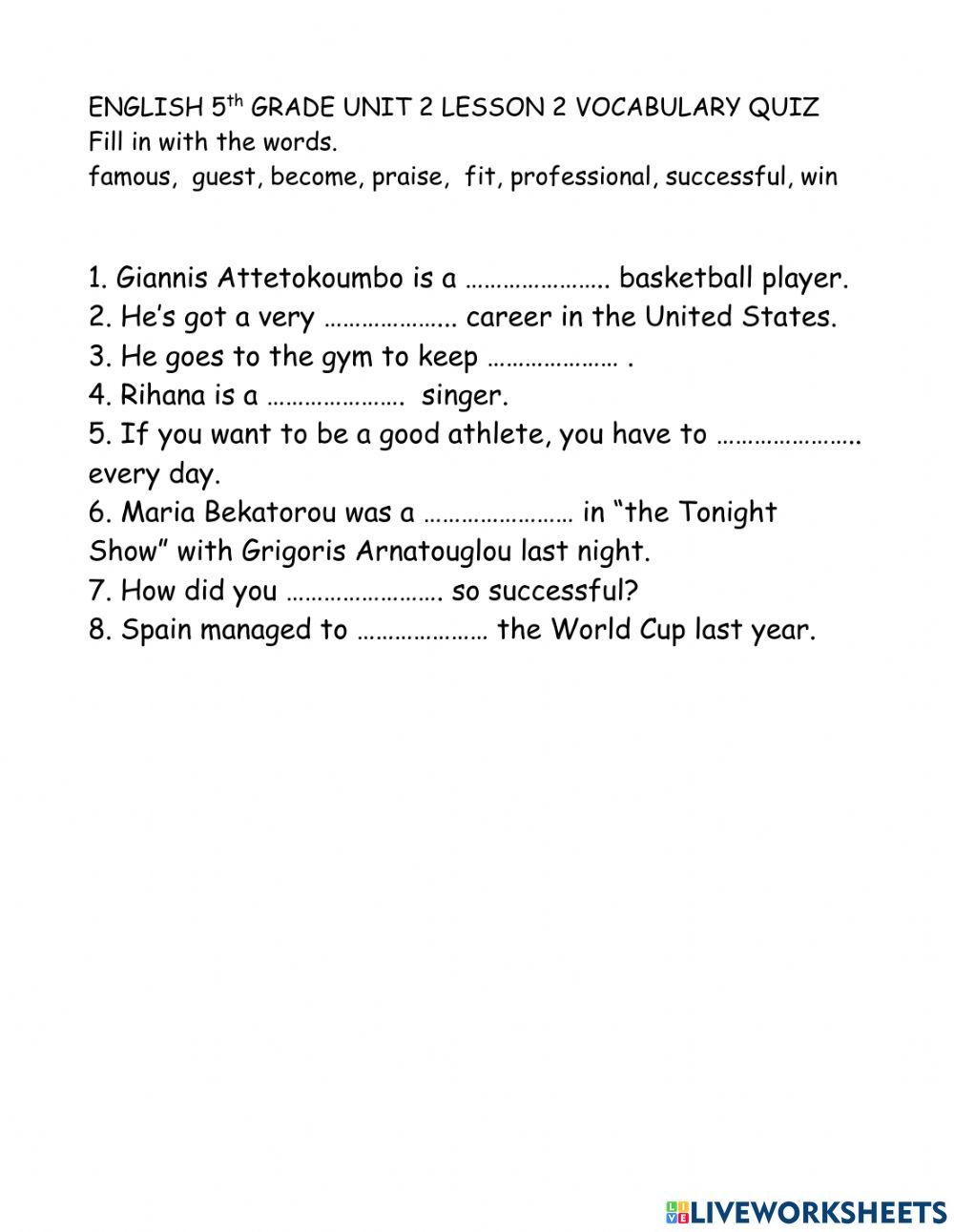 Unit 2 lesson vocabulary exercise worksheet | Live Worksheets