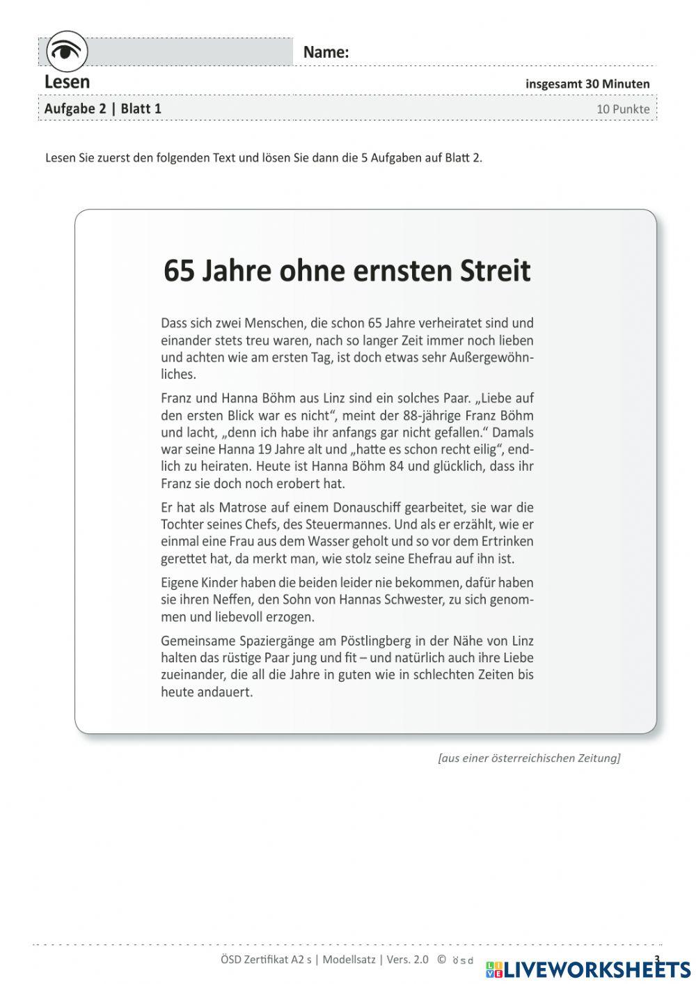 A2 test Lesen | Free Interactive Worksheets | 4939447