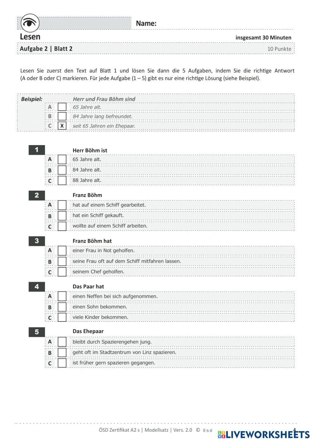 A2 test Lesen | Free Interactive Worksheets | 4939447