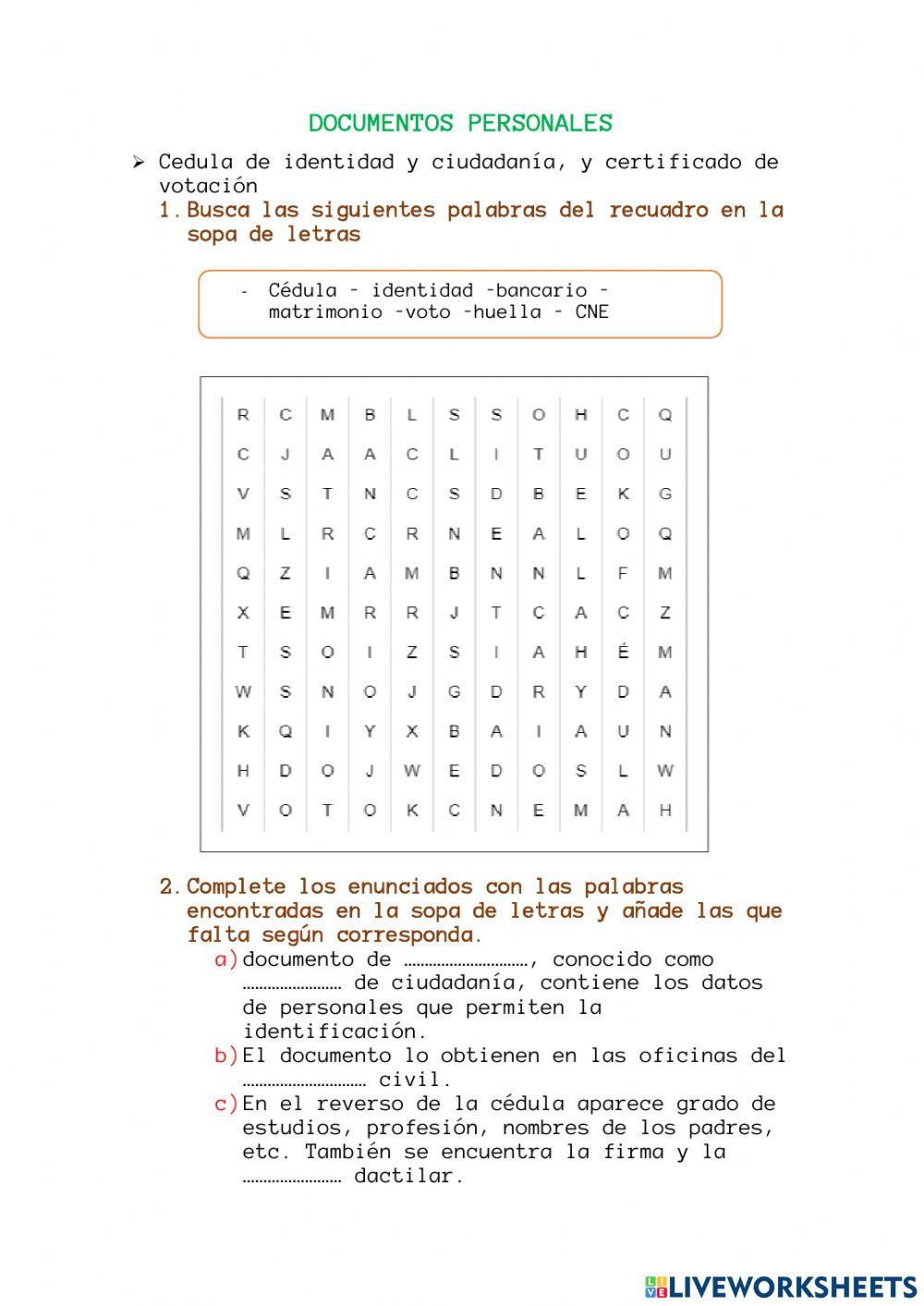 Documentos pers… | Free Interactive Worksheets | 888933
