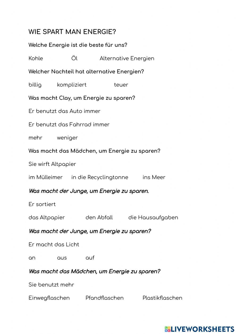 Wie spart man Energie? worksheet | Live Worksheets