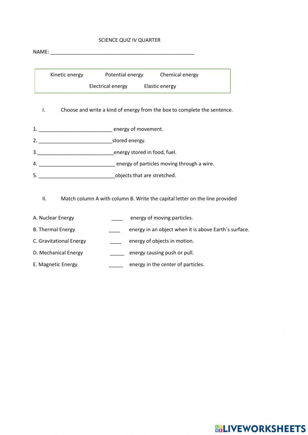 SCIENCE QUIZ IV QUARTER online exercise for | Live Worksheets