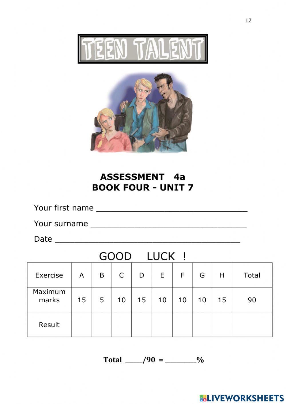 Teen Talent Book 4 Unit 7 Assessment online exercise for | Live Worksheets