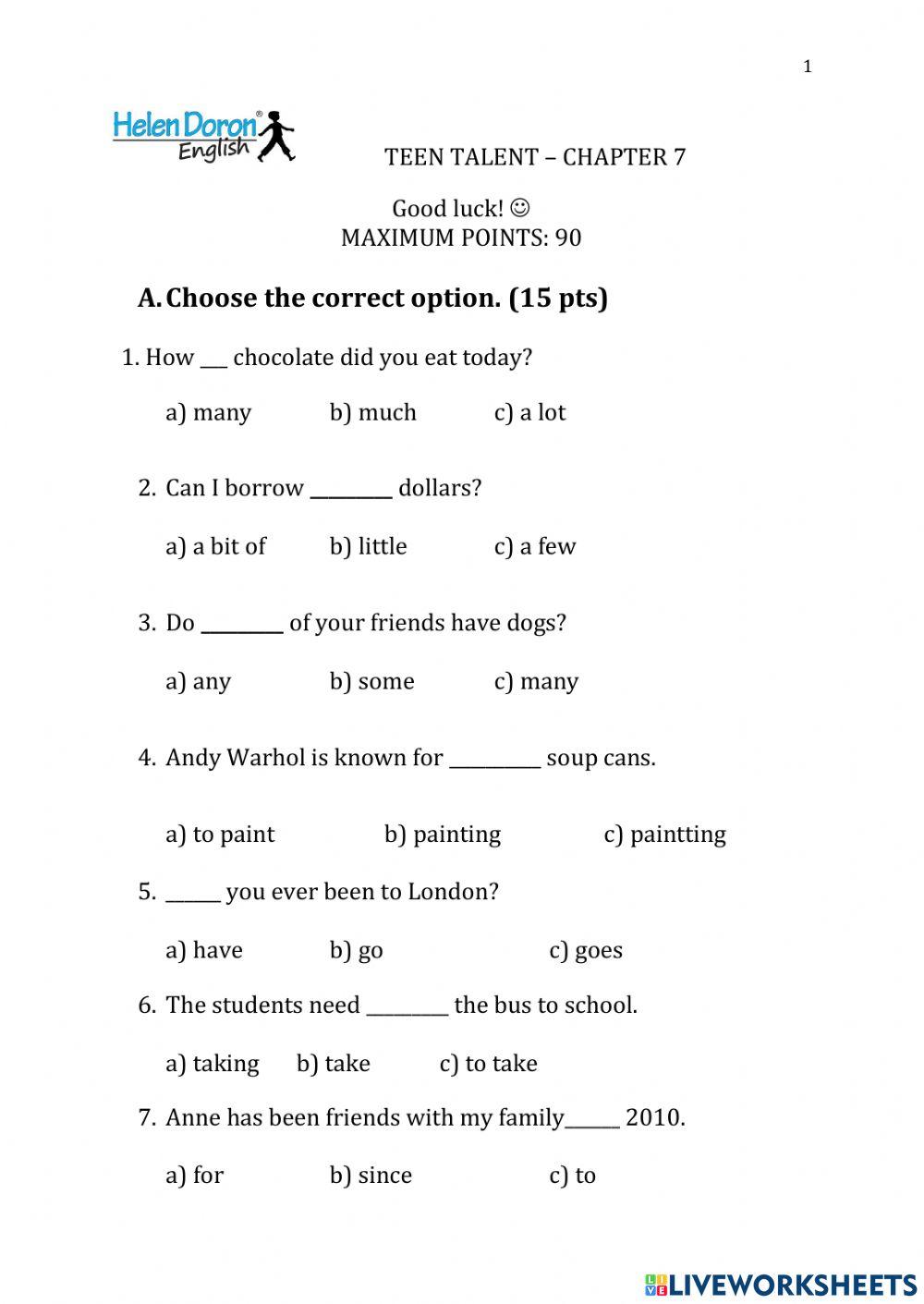 Teen Talent Book 4 Unit 7 Assessment online exercise for | Live Worksheets