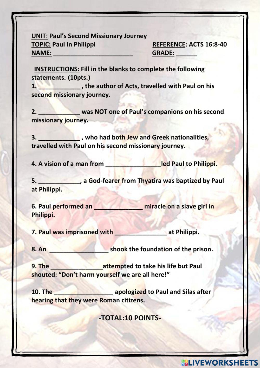 Paul in Philippi: Revision Worksheet 1 | LiveWorksheets