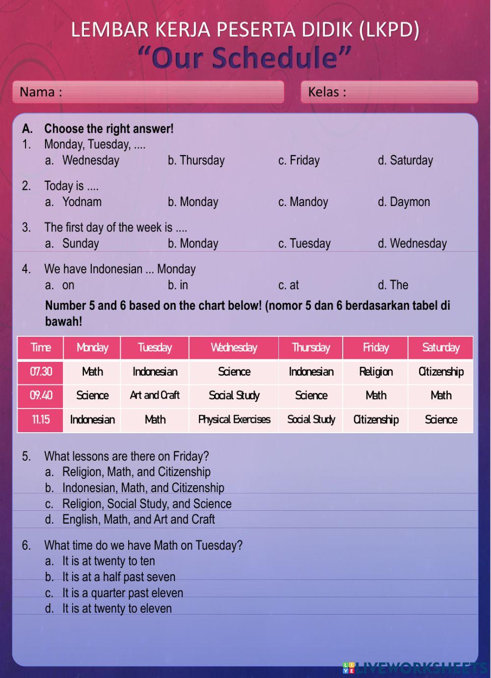 Our schedule activity | Live Worksheets