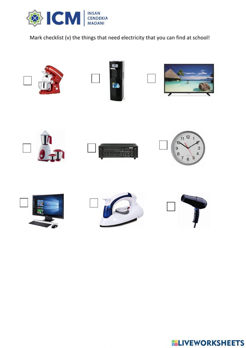 Electrical appliance at school worksheet | Live Worksheets