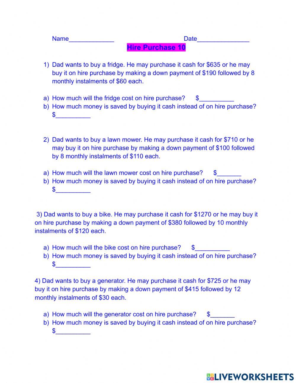 Hire Purchase 10 | Free Interactive Worksheets | 891879