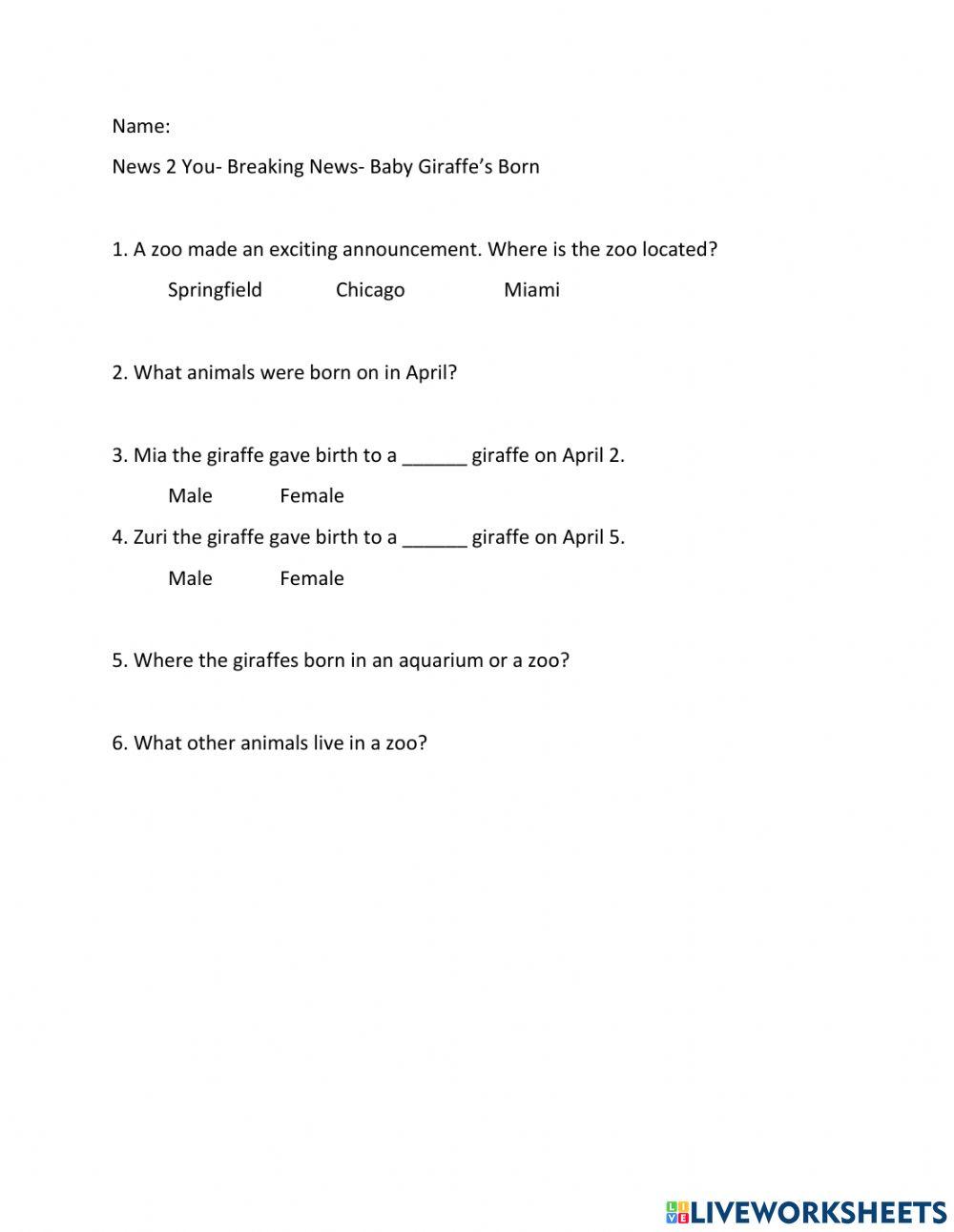 n2y- baby giraffe online exercise for | Live Worksheets