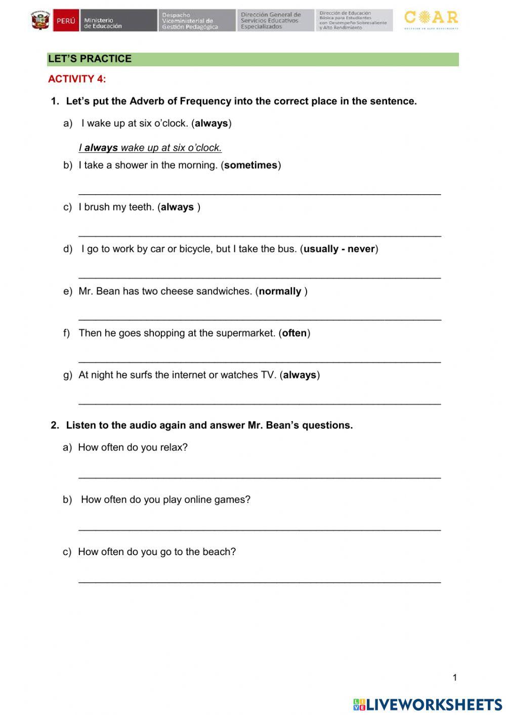 Let's practice-Mr Bean's routine worksheet | Live Worksheets