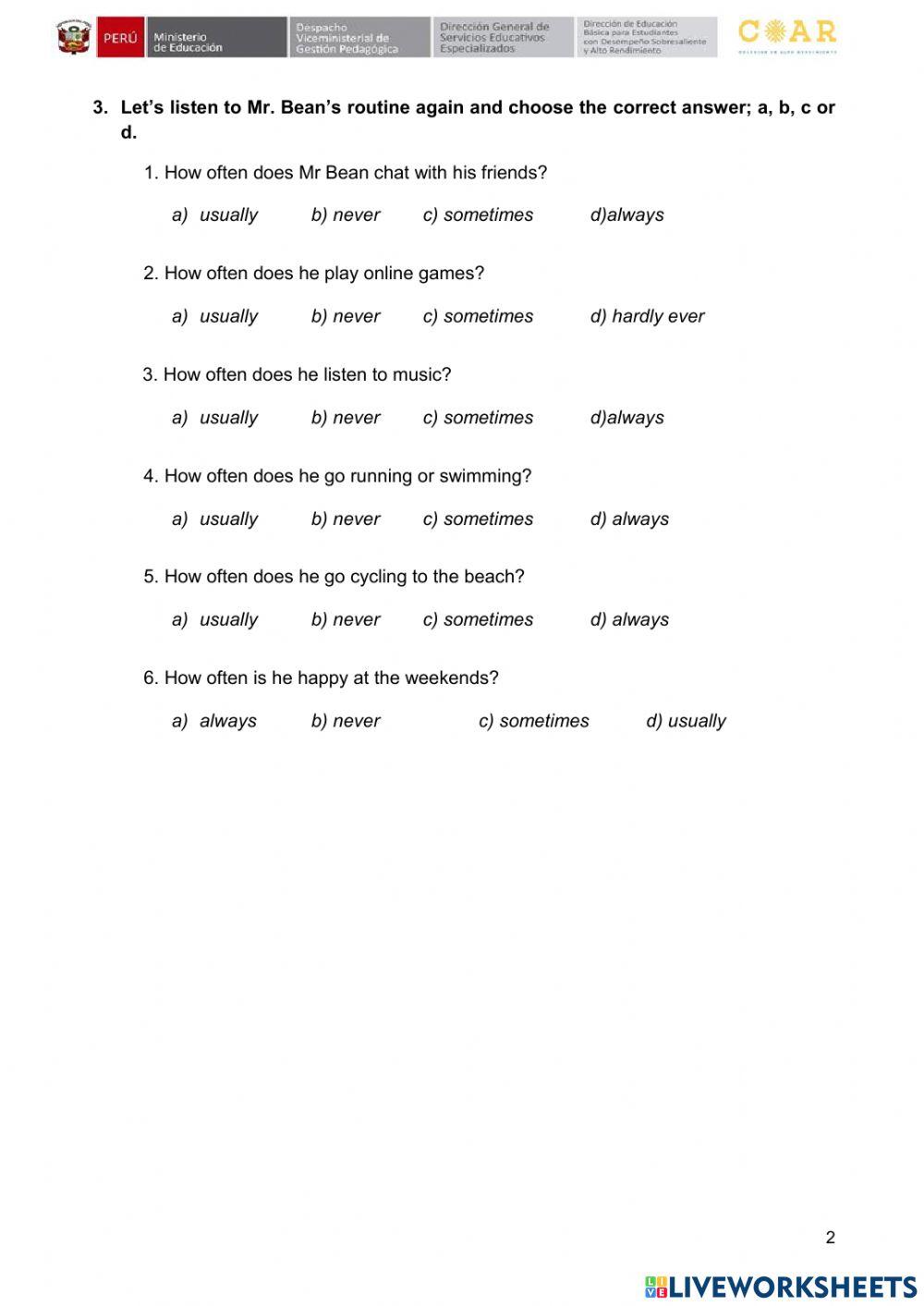 Let's practice-Mr Bean's routine worksheet | Live Worksheets