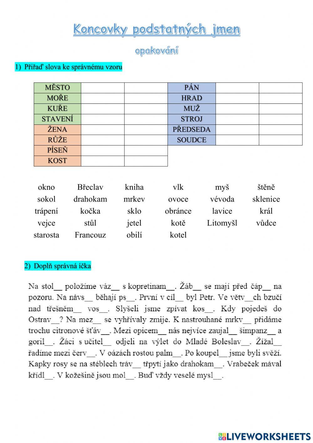 Koncovky podstatných jmen online worksheet for 4 | Live Worksheets