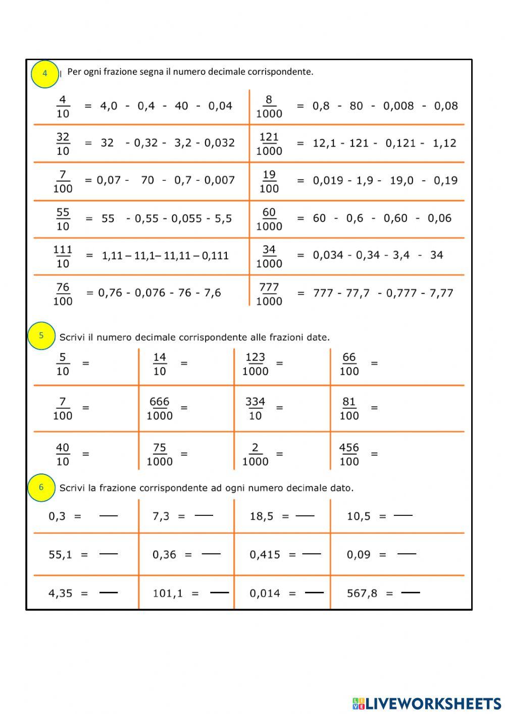 Frazioni e numeri decimali interactive exercise for 3 | Live Worksheets