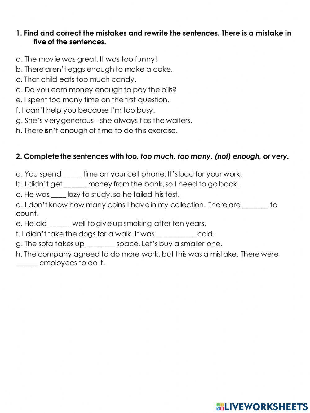 Too-much-many,-enoug-very worksheet | Live Worksheets
